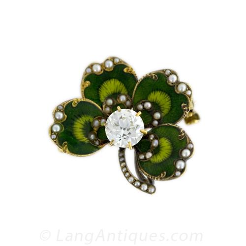 Victorian Enameled Diamond Watch Pin