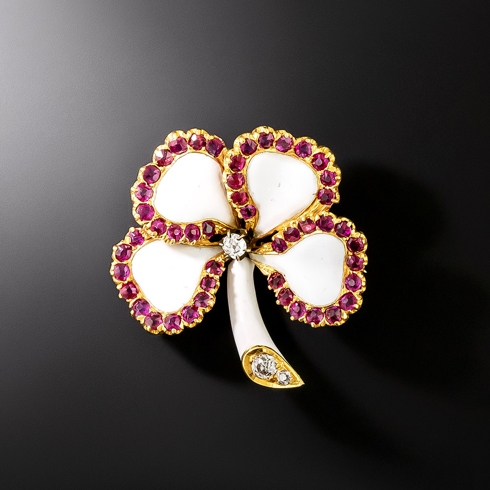 Victorian Enameled Four Leaf Clover with Rubies and Diamonds
