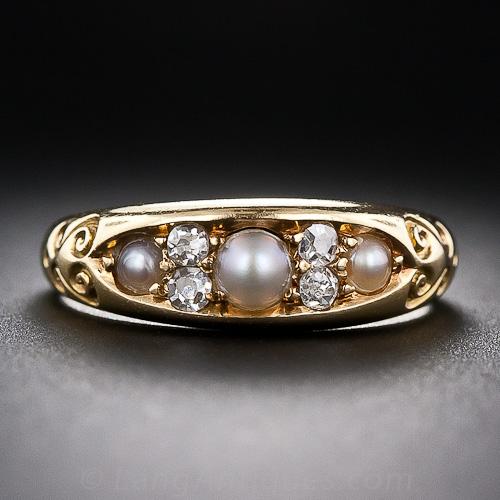 Victorian English 18k Gold Pearl and Diamond Ring