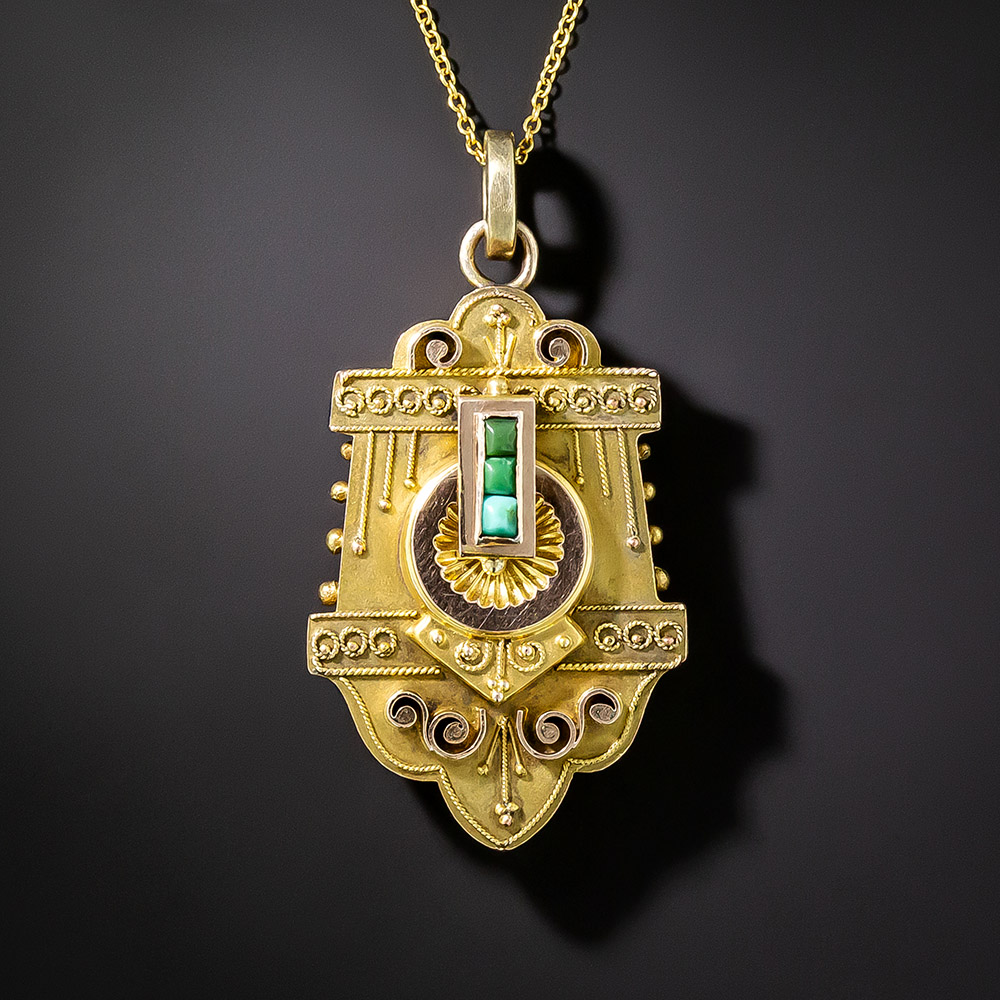 Victorian Etruscan Revival Turquoise Locket Pendant