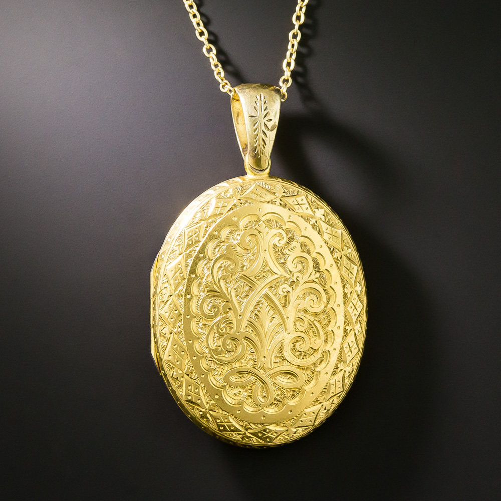 Victorian Large Engraved Oval Locket Pendant