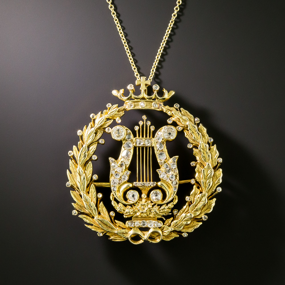 Victorian Lyre And Wreath Diamond Pendant/Brooch