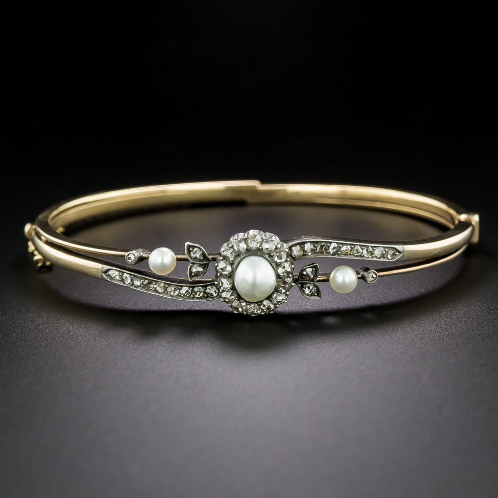 Victorian Natural Pearl and Diamond Bangle Bracelet