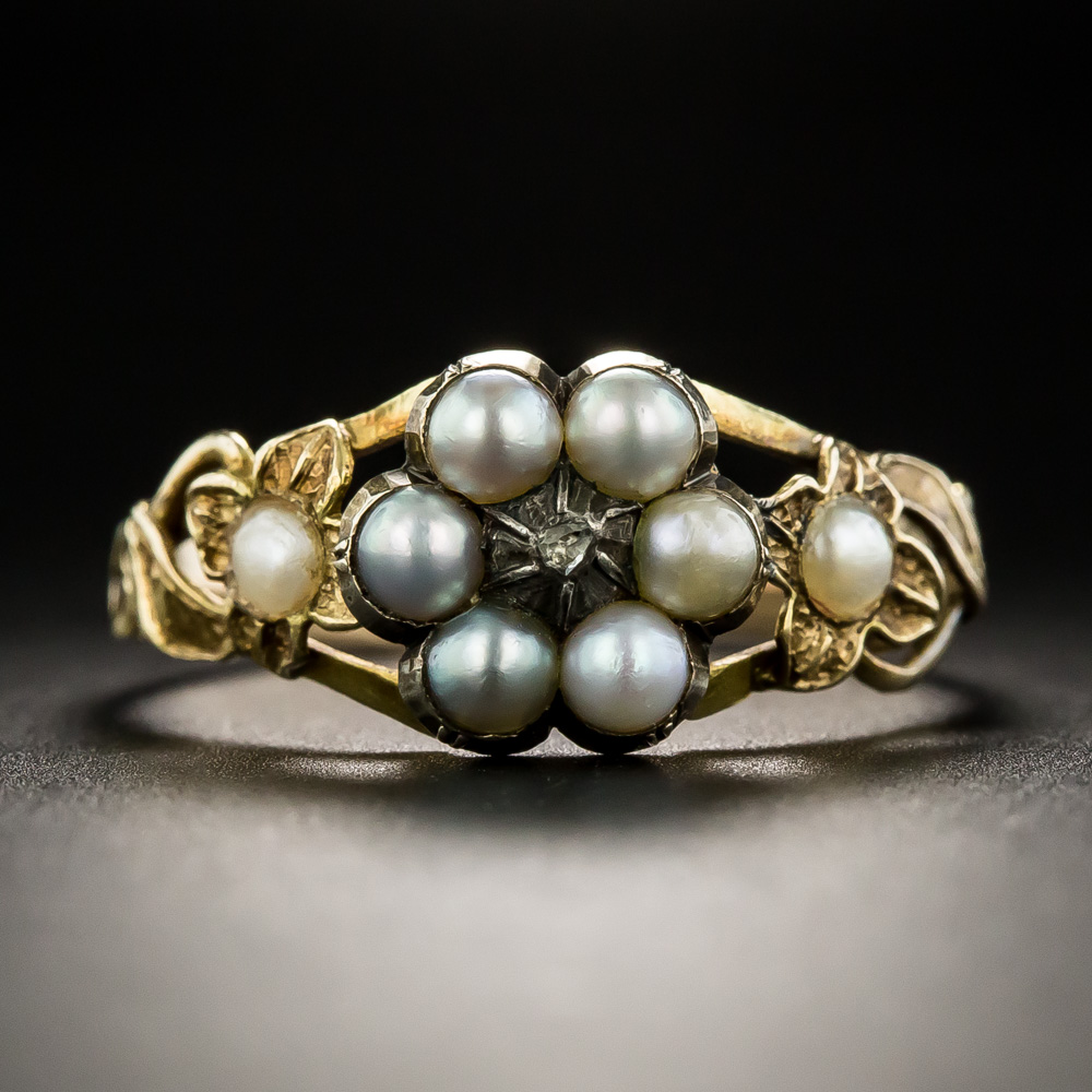 Victorian Natural Pearl and Diamond Locket Ring