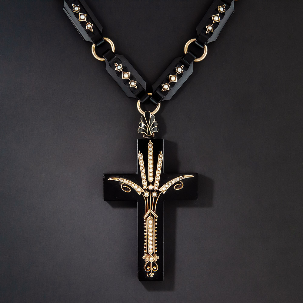 Victorian Onyx and Pearl Cross with Chain
