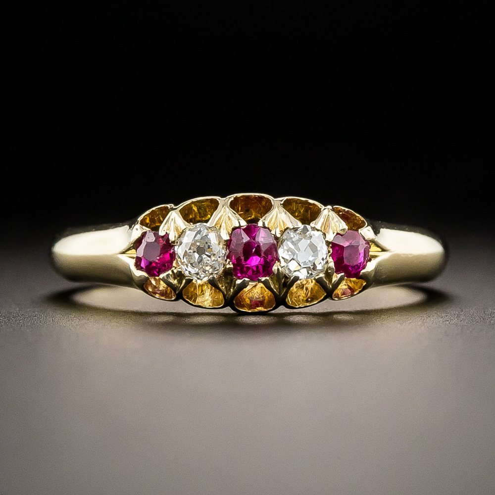 Victorian Petite English Ruby and Diamond Five-Stone Ring, Circa 1882
