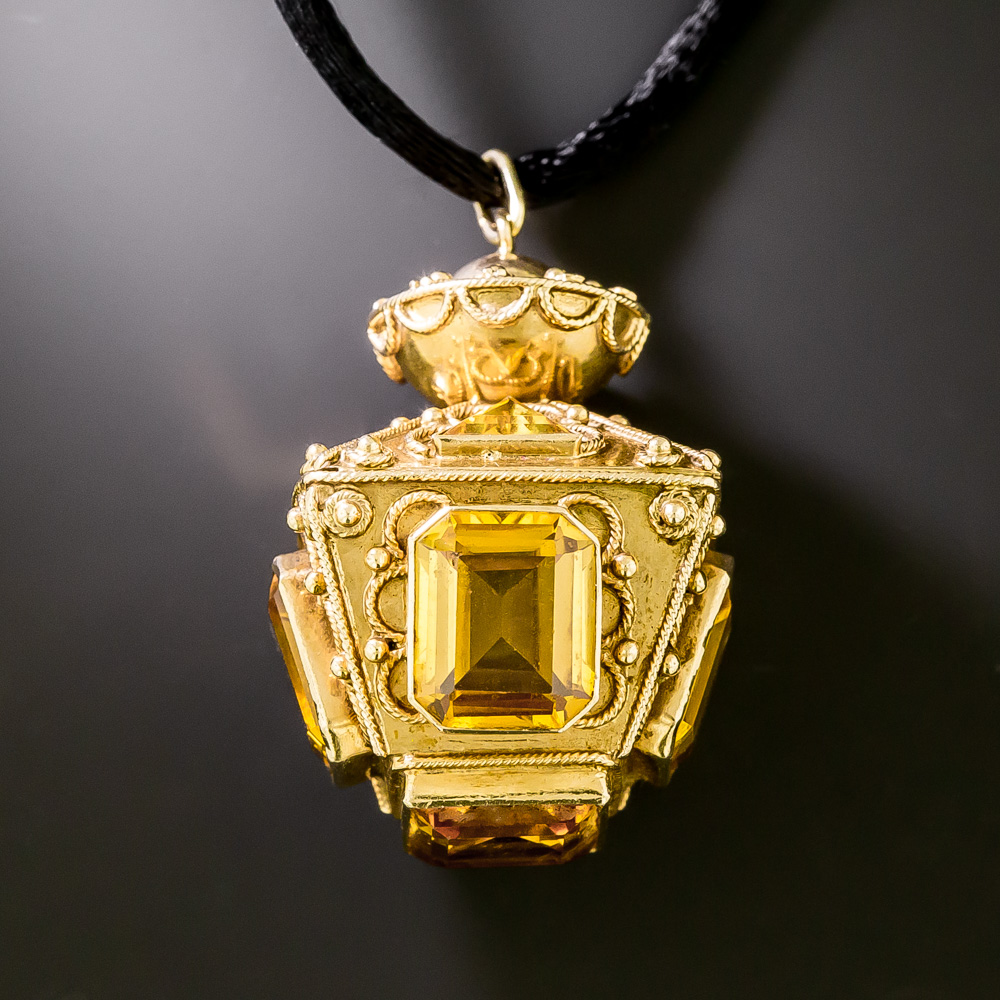Victorian Revival Golden Synthetic Sapphire Fob Pendant