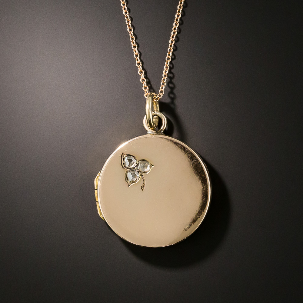 Victorian Rose Gold Locket with Rose-Cut Diamond Shamrock