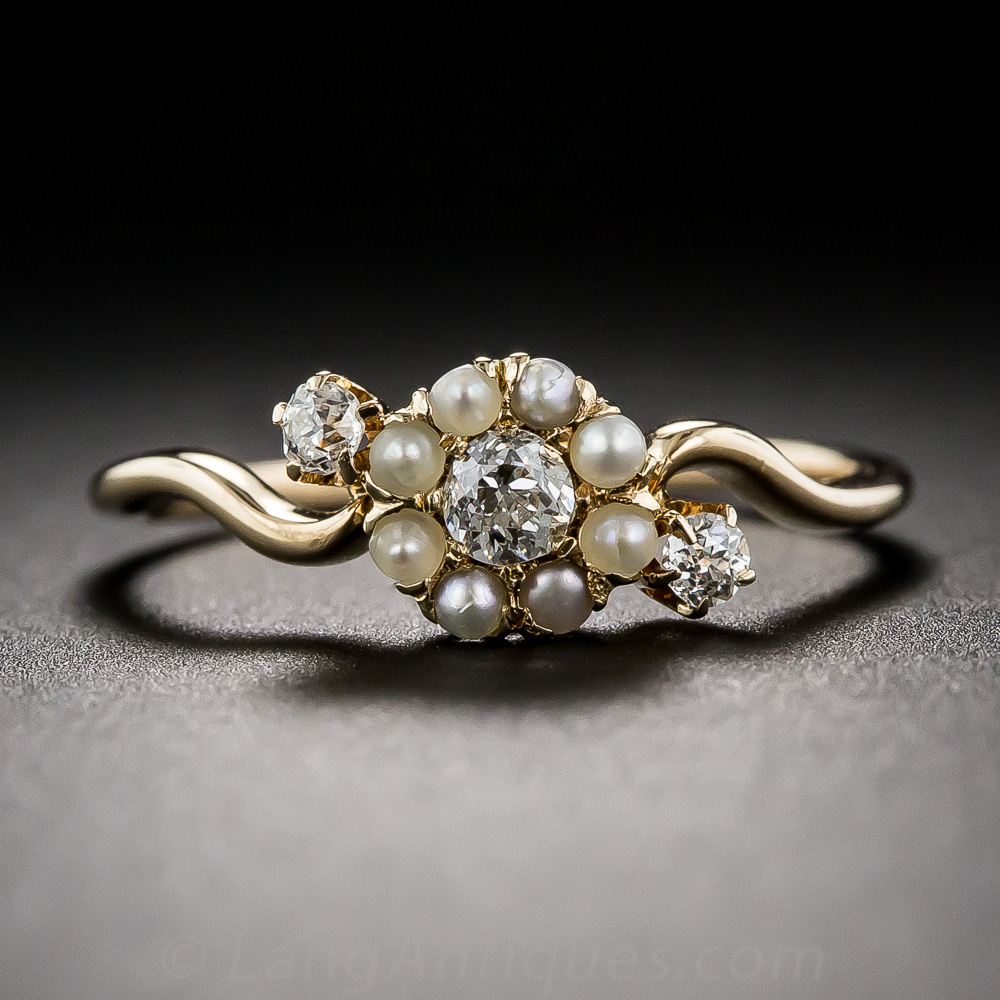 Victorian Rose Gold Pearl and Diamond Ring