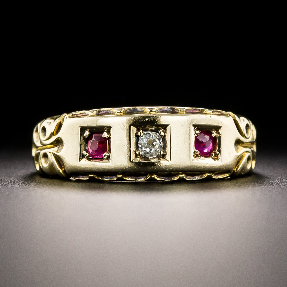 Victorian Ruby and Diamond Carved Ring - England, 1887