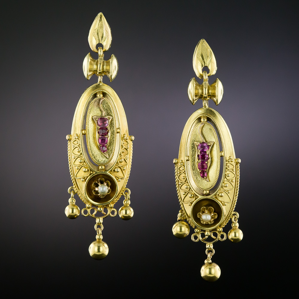 Victorian Ruby and Pearl Drop Earrings