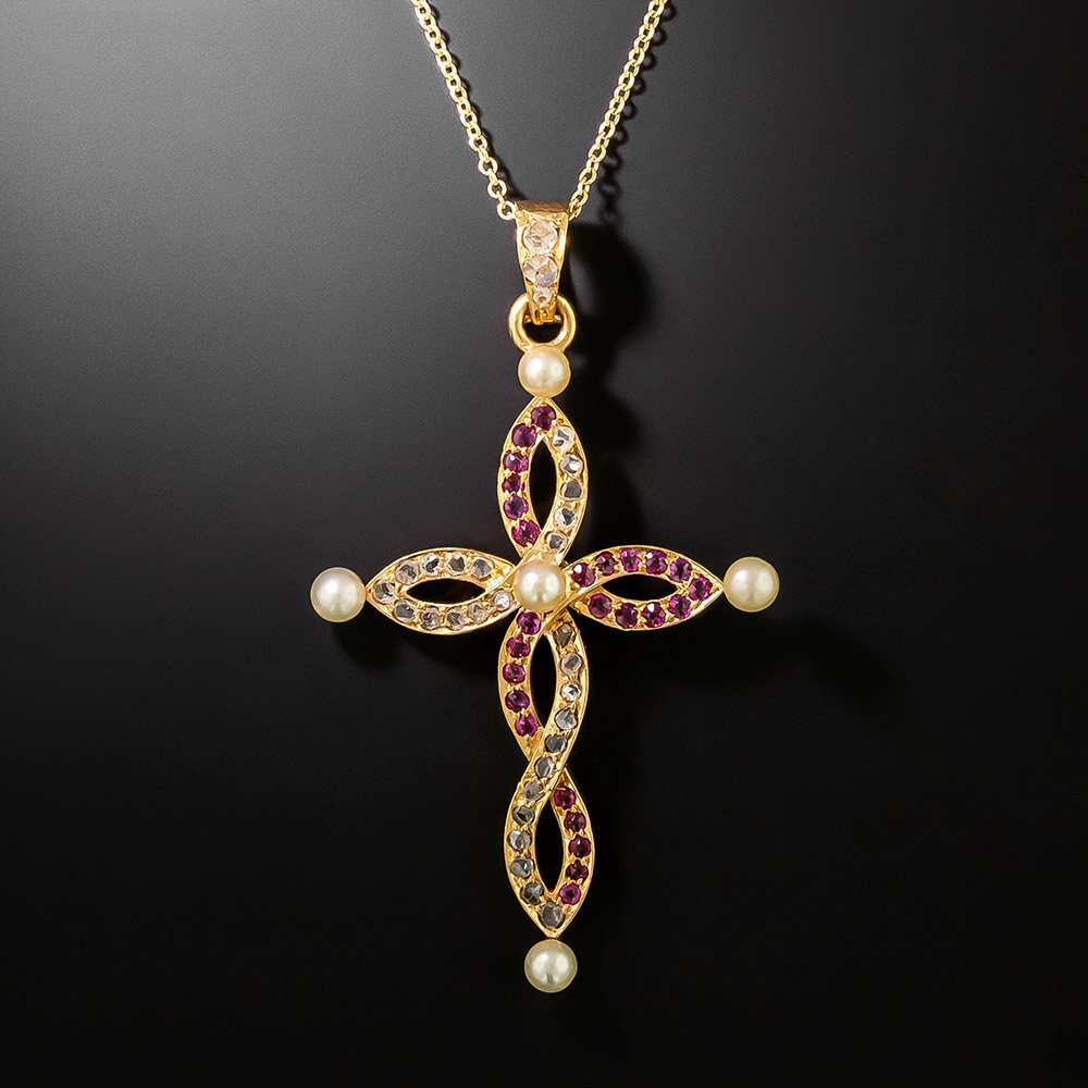 Victorian Ruby, Diamond and Natural Pearl Infinity Cross