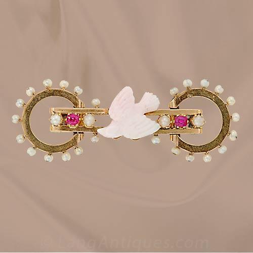 Victorian Ruby, Pearl and Coral Dove Pin