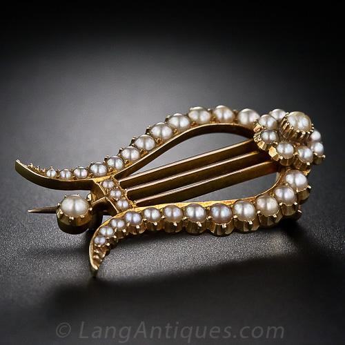 Victorian Seed Pearl Lyre Pin - Antique & Vintage Jewelry
