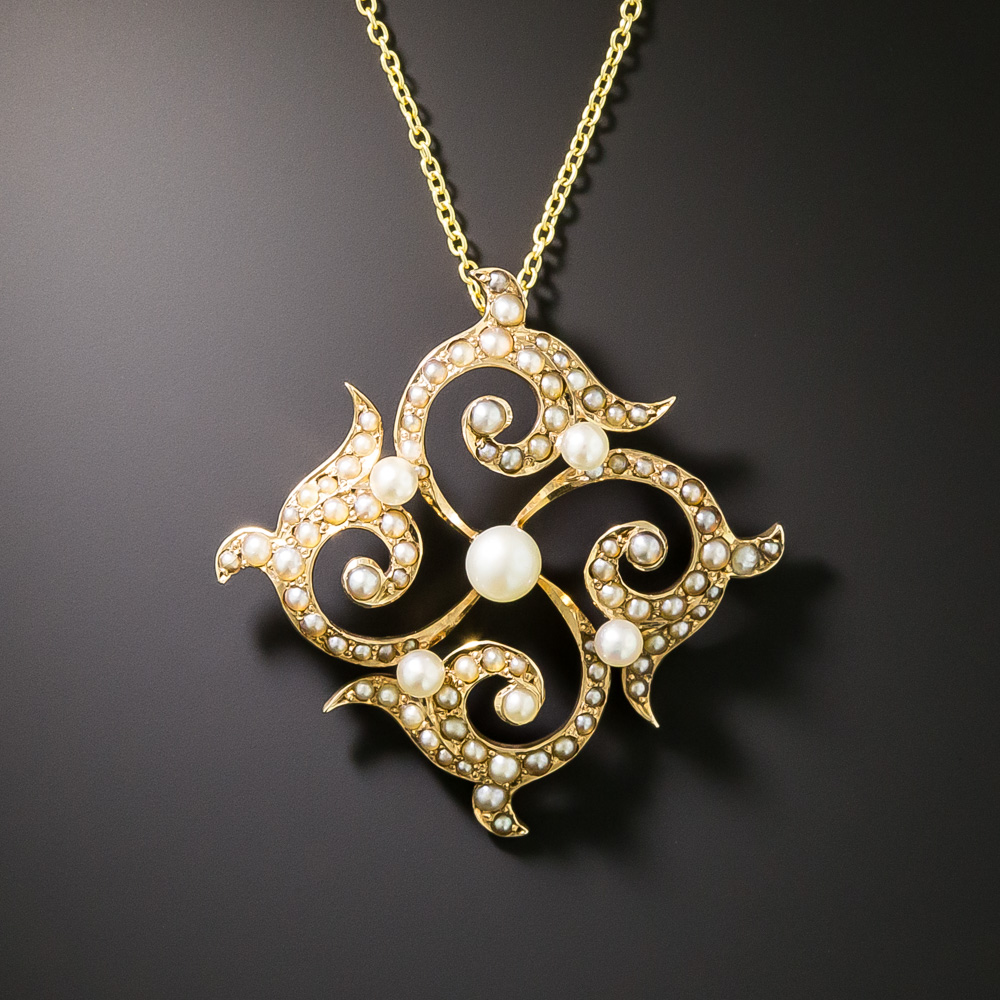 Victorian Seed Pearl Scroll Pendant