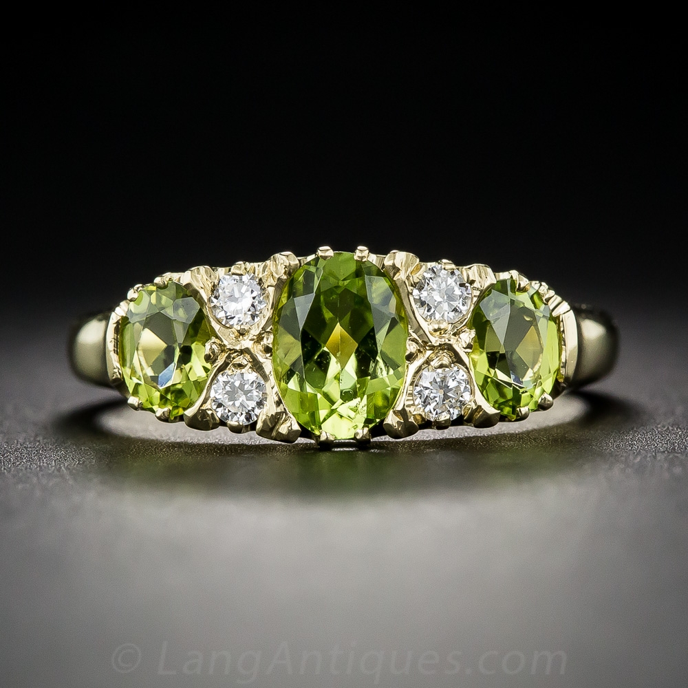 Victorian-Style English Carved Peridot and Diamond Ring