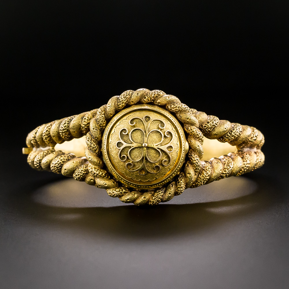 Victorian Textured Rope Bangle Bracelet With Locket