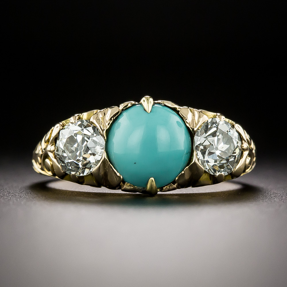 Victorian Turquoise and Diamond Carved Ring