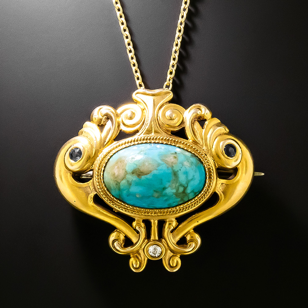 Victorian Turquoise and Diamond Pendant/Brooch by Riker Brothers