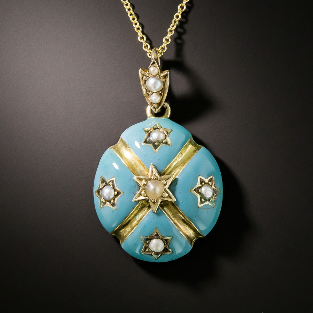 Victorian Turquoise Enamel and Pearl Locket Back Pendant