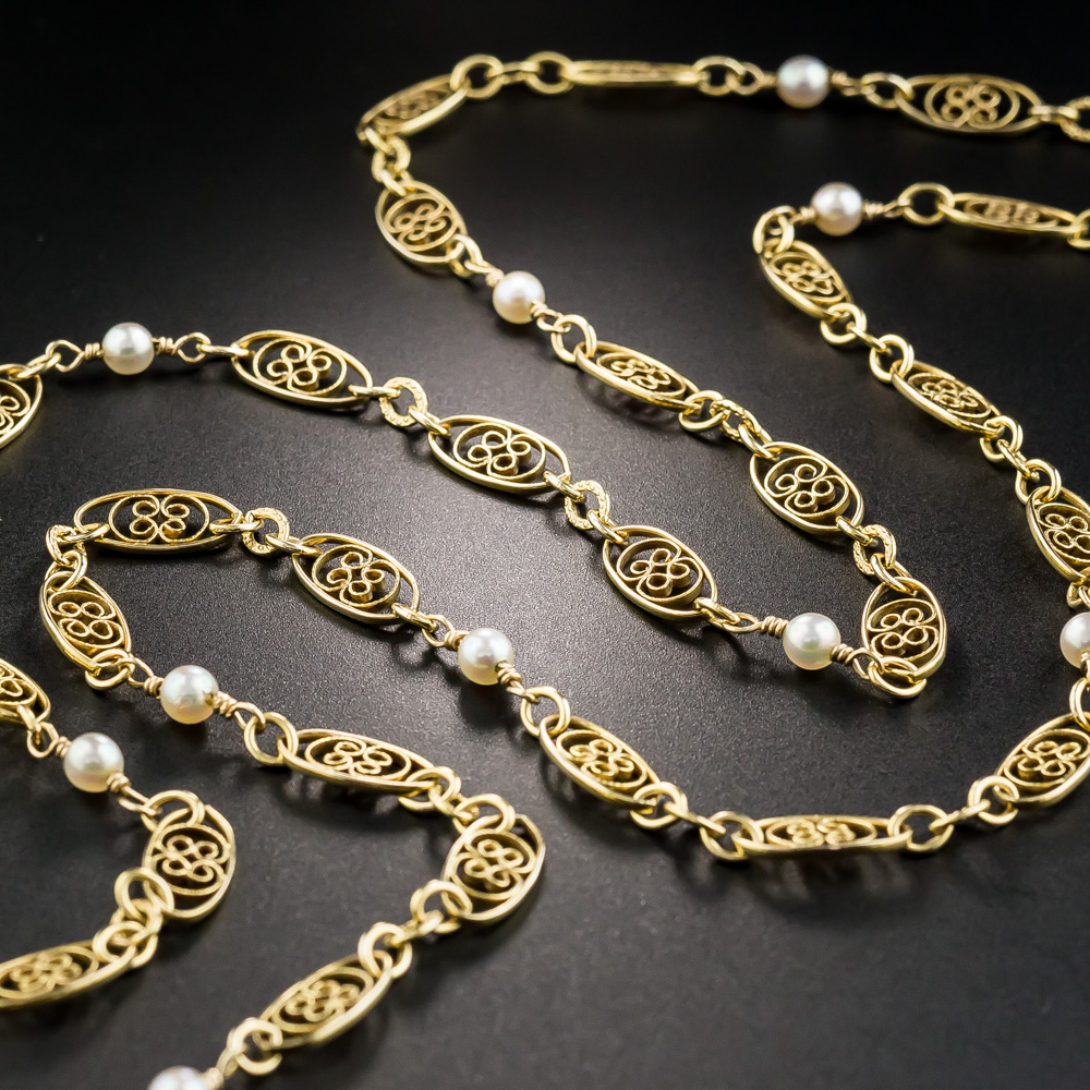 Vintage 14K Fancy Neck Chain with Pearls