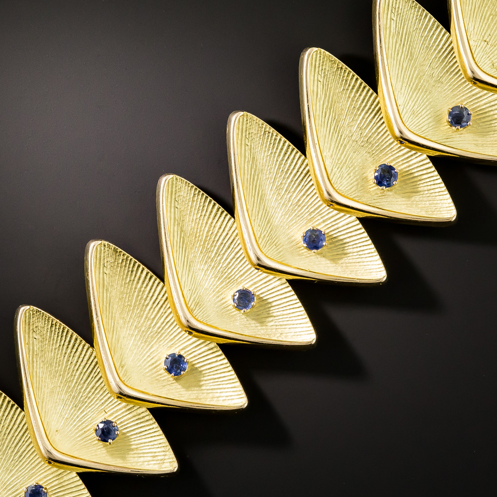 Vintage 1960s Geometric Shell Motif Bracelet with Sapphires