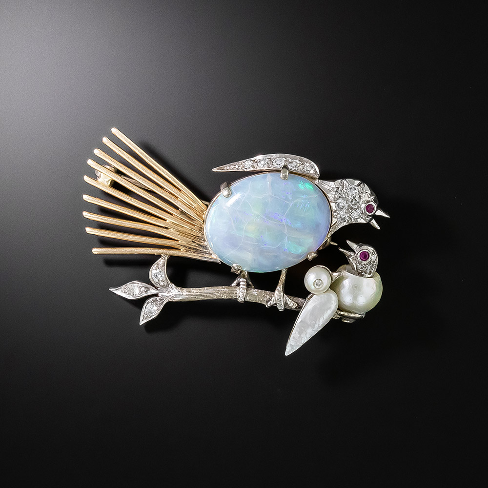 Vintage Bird and Chick Opal, Pearl and Diamond Brooch