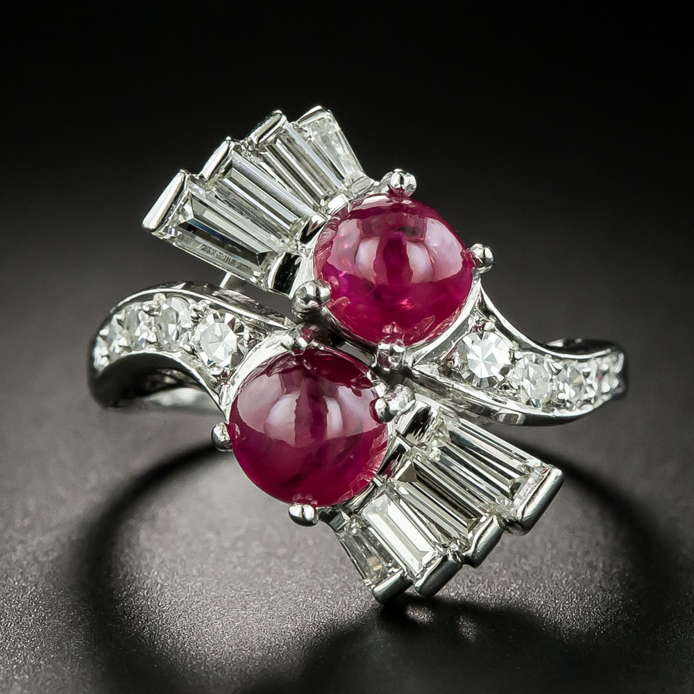 Vintage Cabochon Ruby and Diamond Bypass Ring