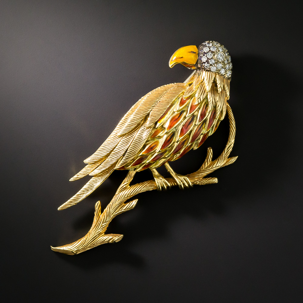 Vintage Diamond and Enamel Hawk Brooch