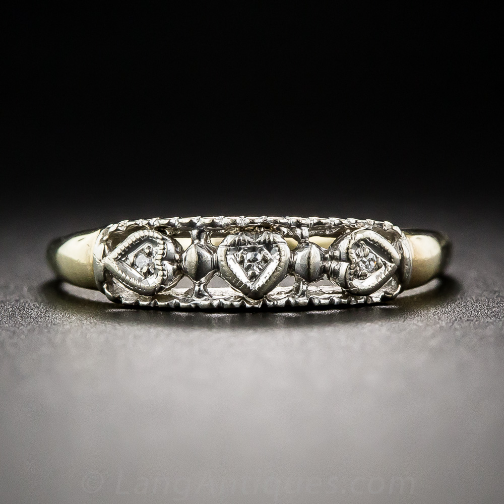 Vintage Heart Motif Diamond Wedding Band