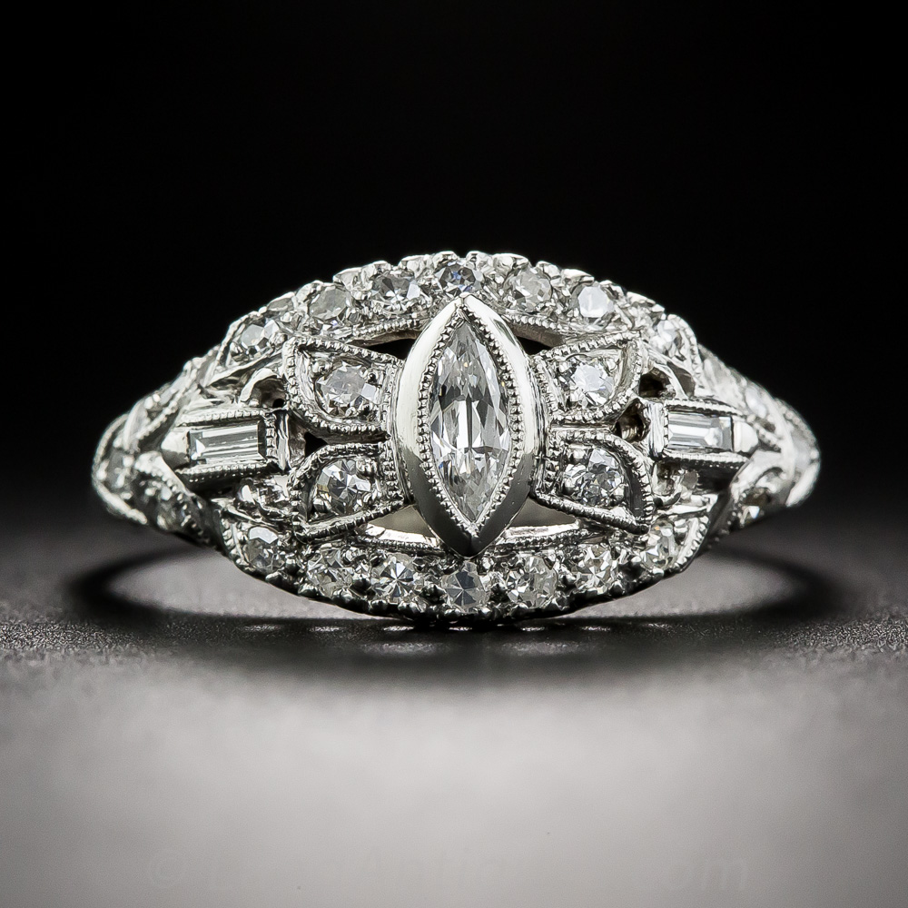 Vintage Navette Diamond and Platinum Ring by J.J. White