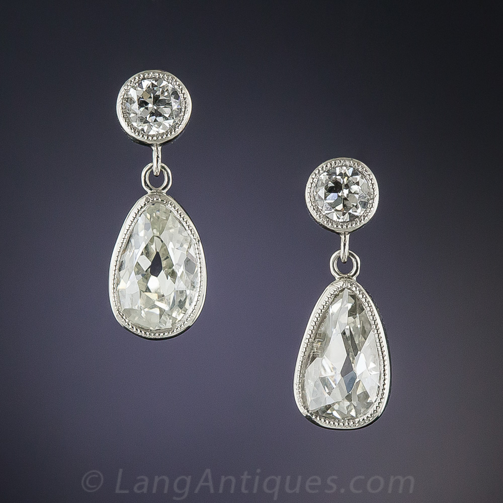 Vintage Pear Shape Diamond Platinum Earrings