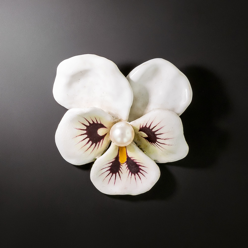 Vintage Snow-White Enamel Pansy Pin By Larter